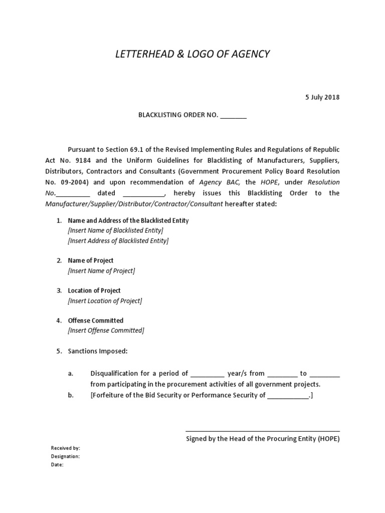 Sample Blacklisting Form | PDF | Business | Law