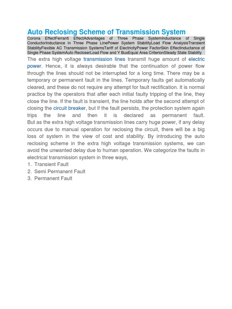 Auto Reclosing Scheme of Transmission System | PDF | Electric Power ...