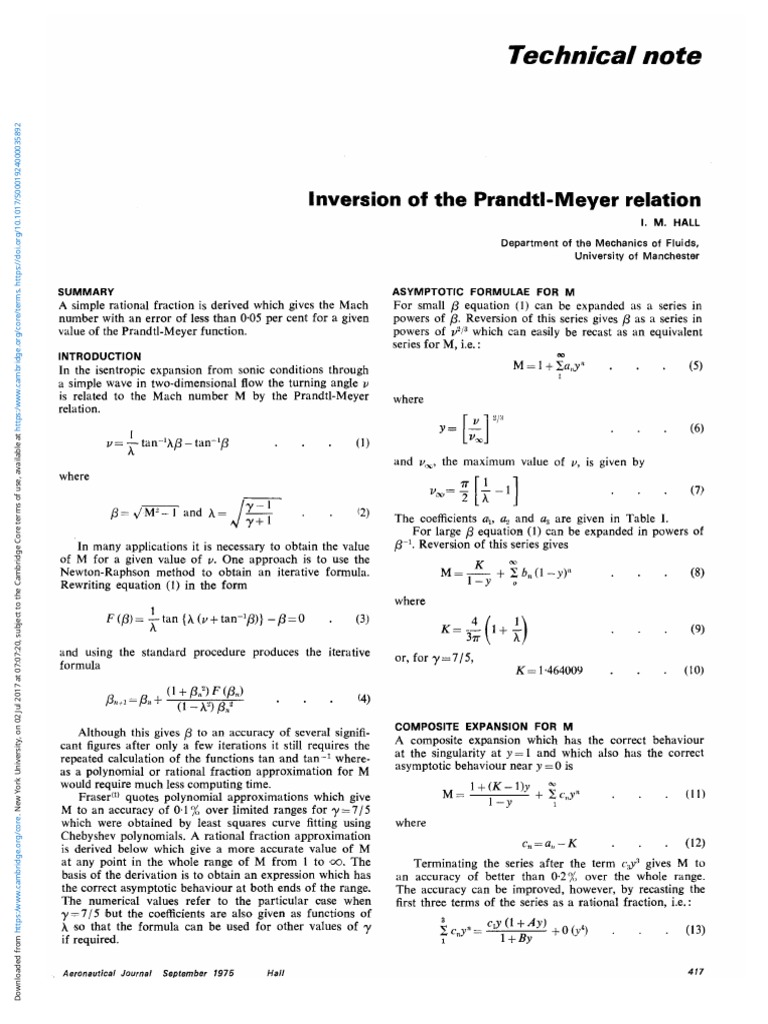 Inversion Of The Prandtl Meyer Relation 1975 Mach Number Fluid