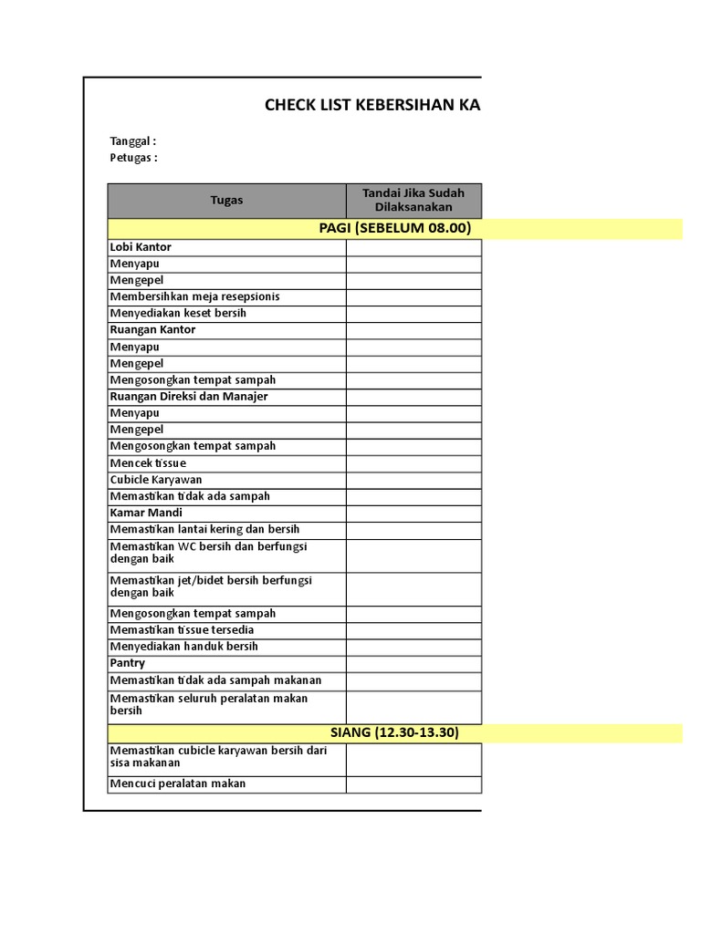 Contoh Form Checklist Housekeeping | PDF