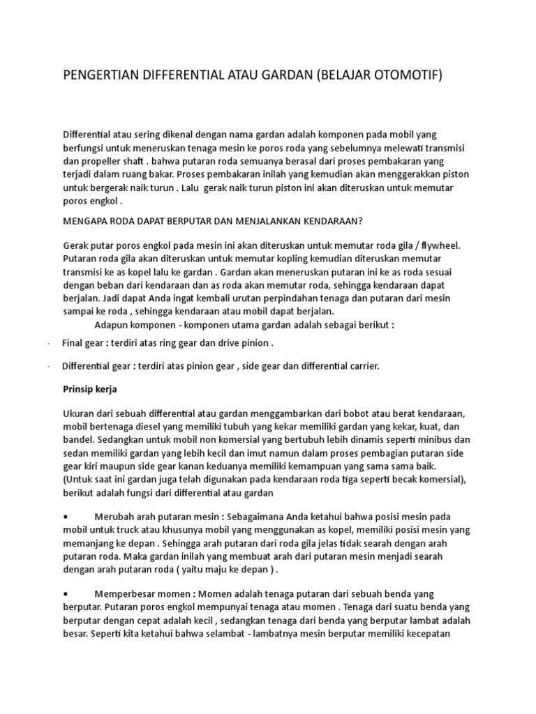 Pengertian Differential Atau Gardan | PDF | Teknologi & Rekayasa