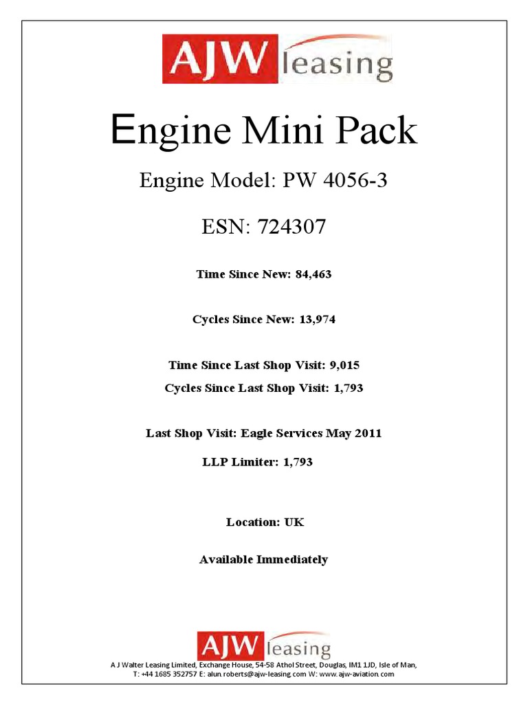 E Ngine Mini Pack: Engine Model: PW 4056-3 ESN: 724307 | PDF | Turbine ...