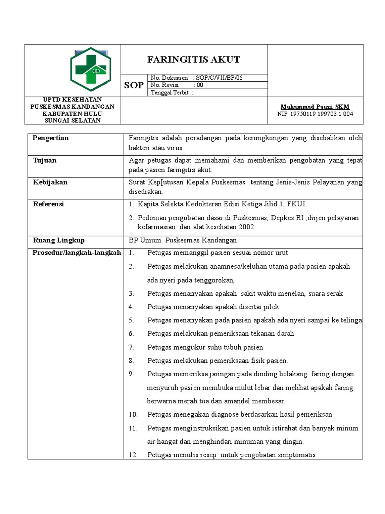 SOP Penanganan Faringitis Akut Puskesmas | PDF