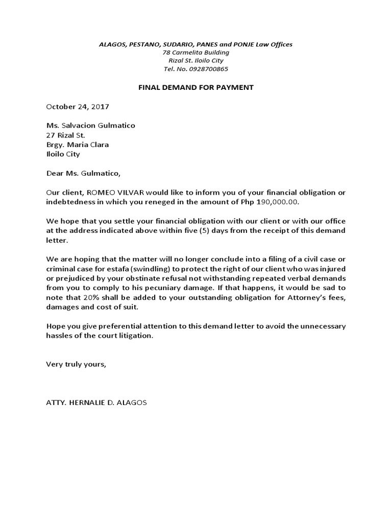 Final Demand For Payment: Alagos, Pestano, Sudario, Panes and Ponje Law ...