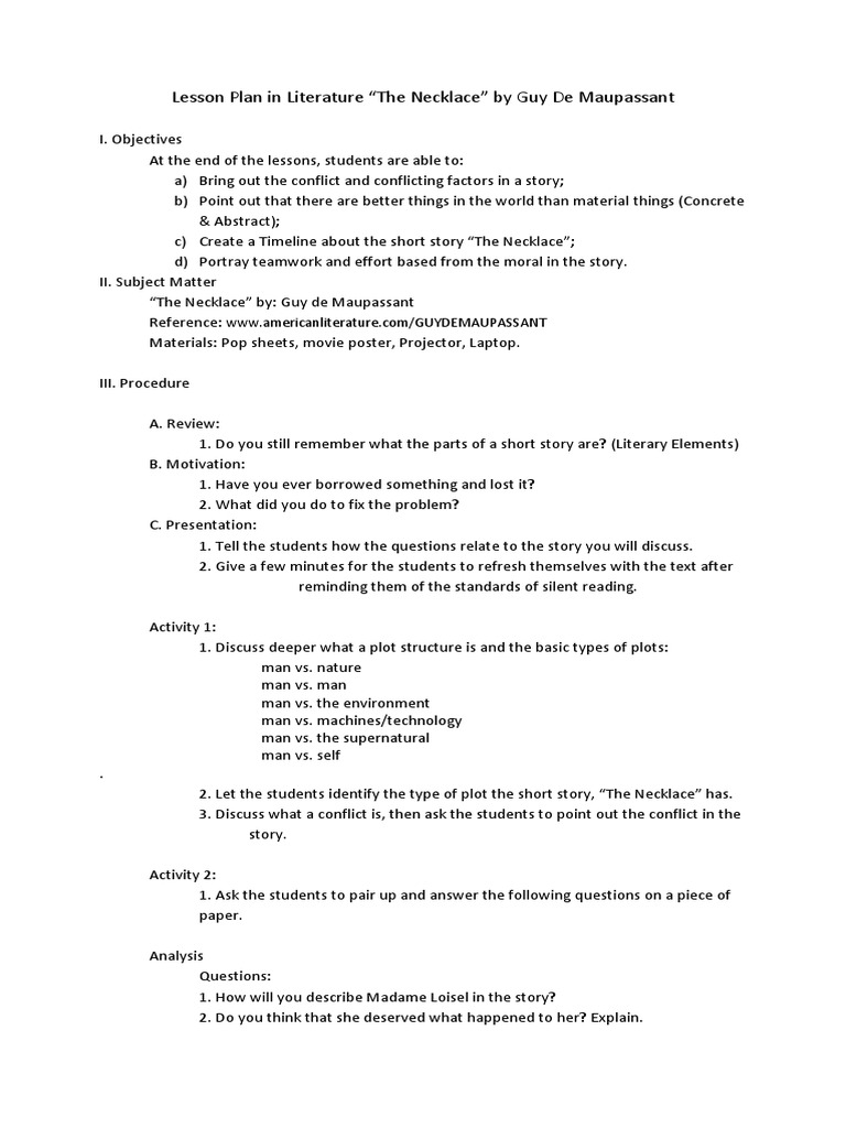 Lesson Plan for "The Necklace" Analysis | PDF | Rubric (Academic ...