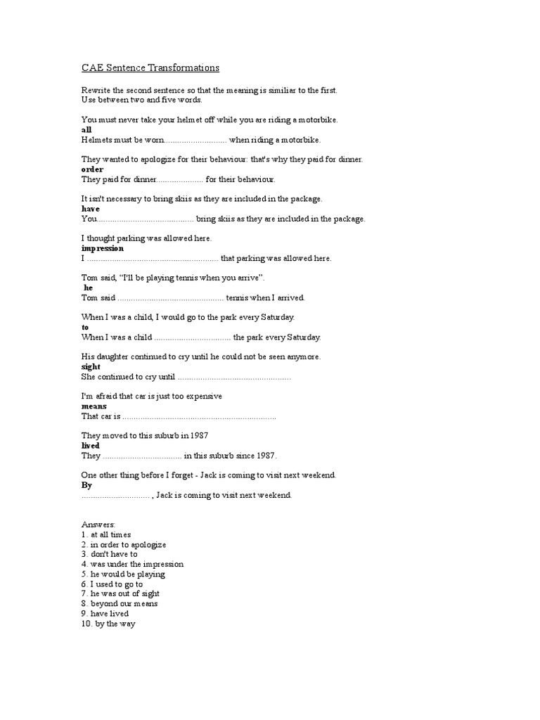 CAE Sentence Transformations A | PDF