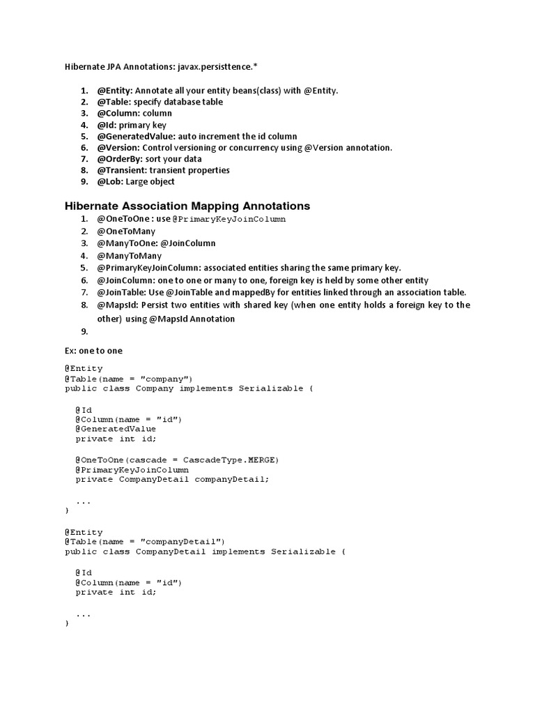 Hibernate Association Mapping Annotations Pdf Class Computer Programming Parameter