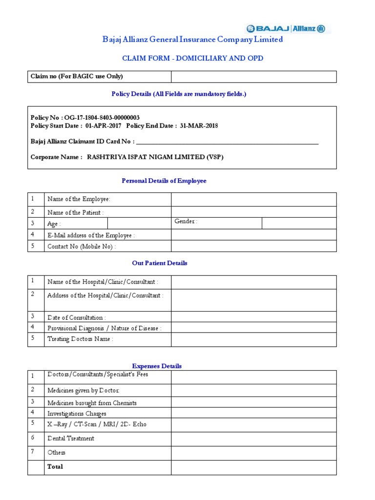 Bajaj Allianz General Insurance Company Limited: Claim Form ...