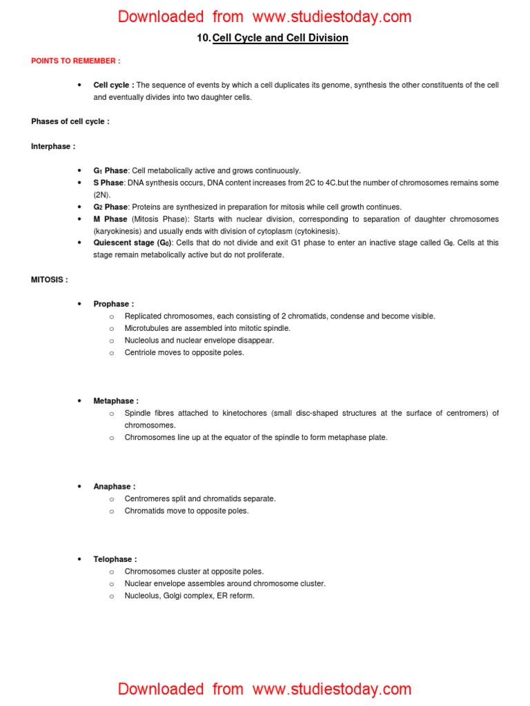 CBSE Class 11 Biology Cell Cycle and Cell Division Notes | Download ...