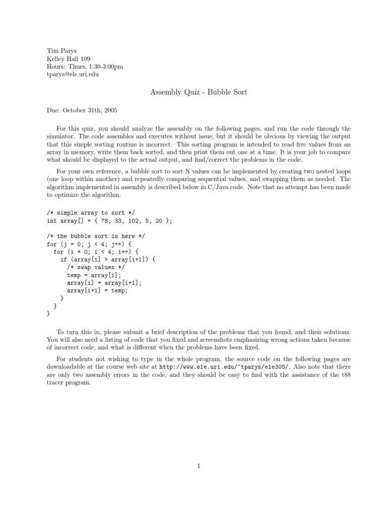 Assembly Quiz - Bubble Sort | PDF | Array Data Structure | Algorithms ...