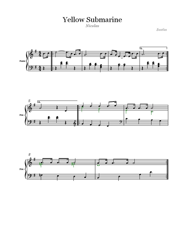 Yellow Submarine Piano Sheet Music | PDF