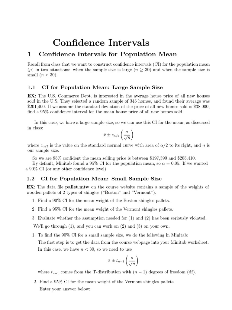 1 Confidence Intervals For Population Mean | PDF | Confidence Interval | Sample Size Determination