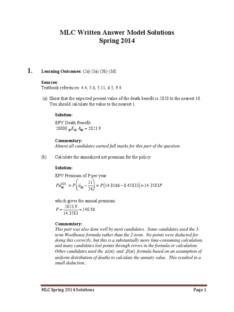 MLC Written Answer Model Solutions Spring 2014: Learning Outcomes: (2a ...