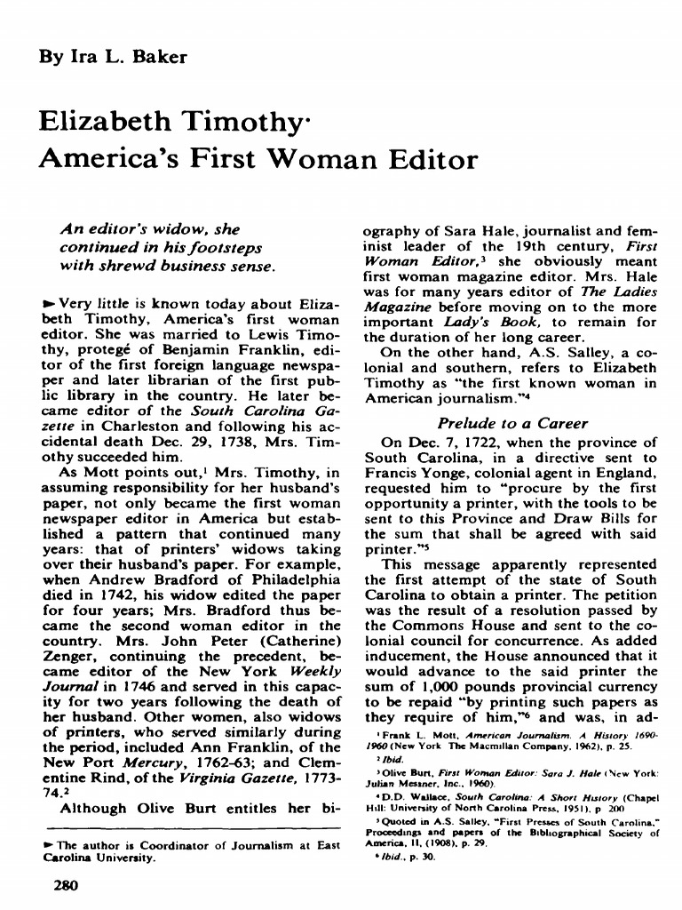 Elizabeth Timothy America's First Woman Editor | PDF | Benjamin ...