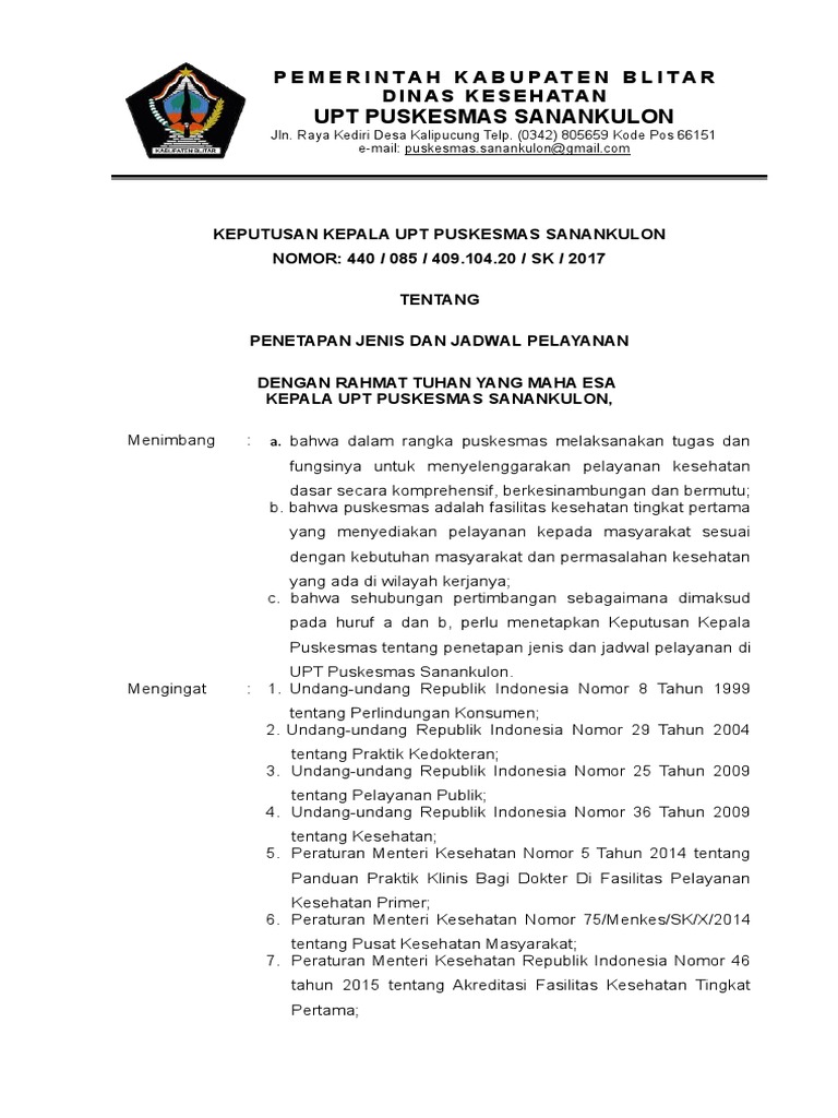 Jadwal dan Jenis Layanan Puskesmas Sanankulon | PDF