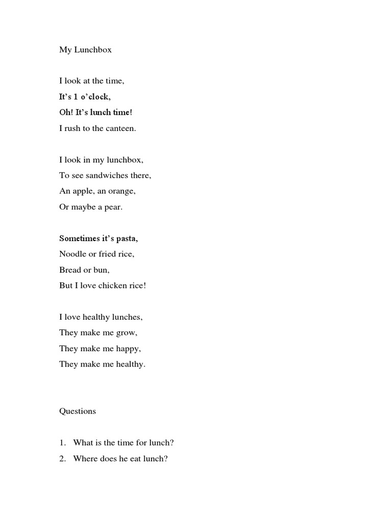My Lunchbox Poem Year 2 | PDF