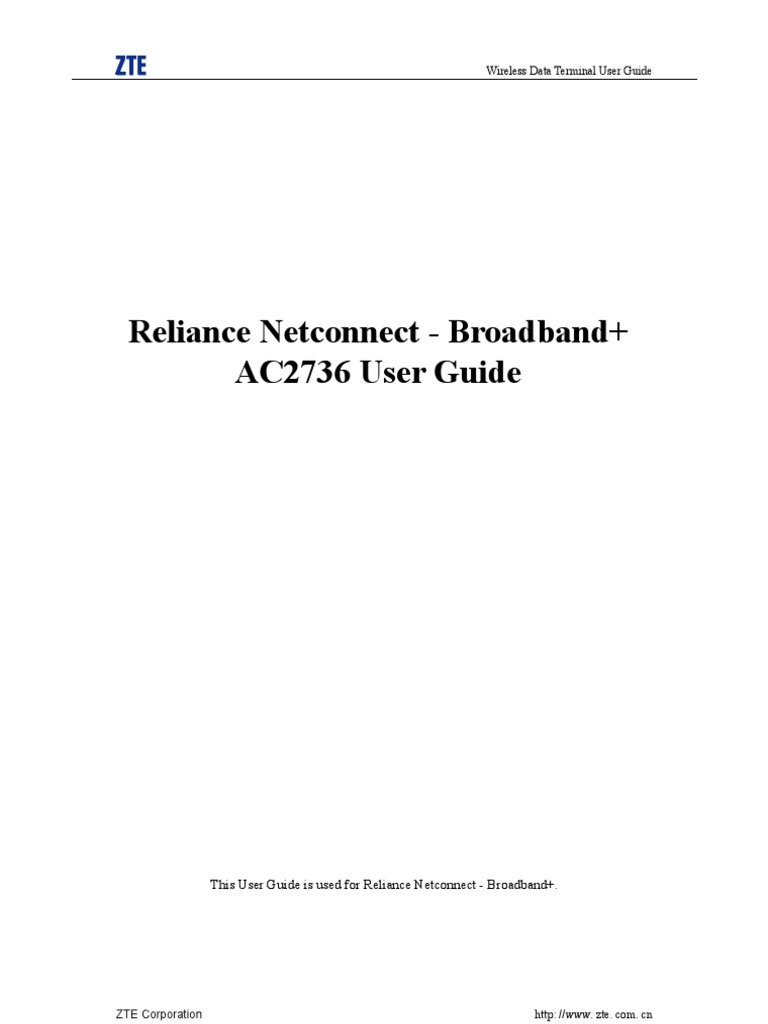 Reliance Net Connect Broadband+ AC2736 User Guide For Windows and MAC ...