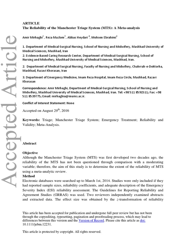 The Reliability of The Manchester Triage System (MTS) A Meta-Analysis ...