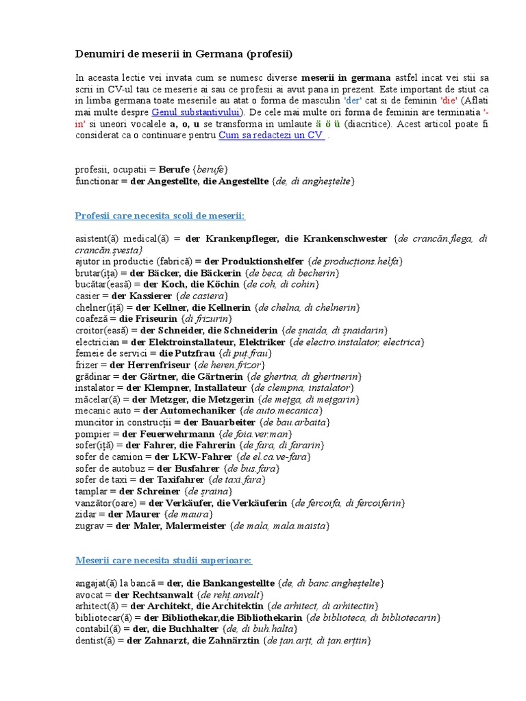 Denumiri de Meserii in Germana (Profesii) | PDF