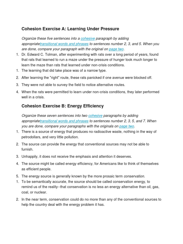 Cohesion Exercise A: Learning Under Pressure: Cohesive Transitional ...