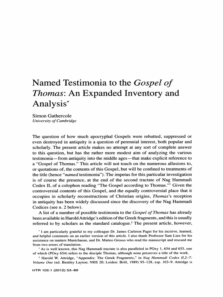 Simon Gathercole - Named Testimonia To The Gospel of Thomas - An ...