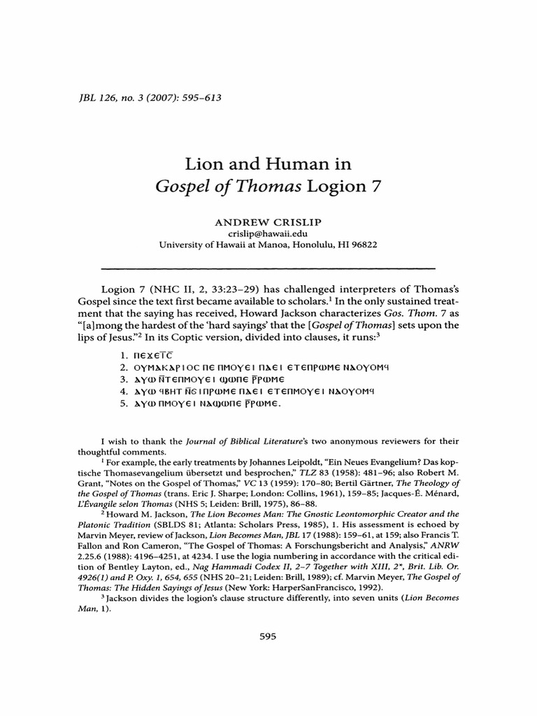 Andrew Crislip - Lion and Human in Gospel of Thomas Logion 7 PDF | PDF ...