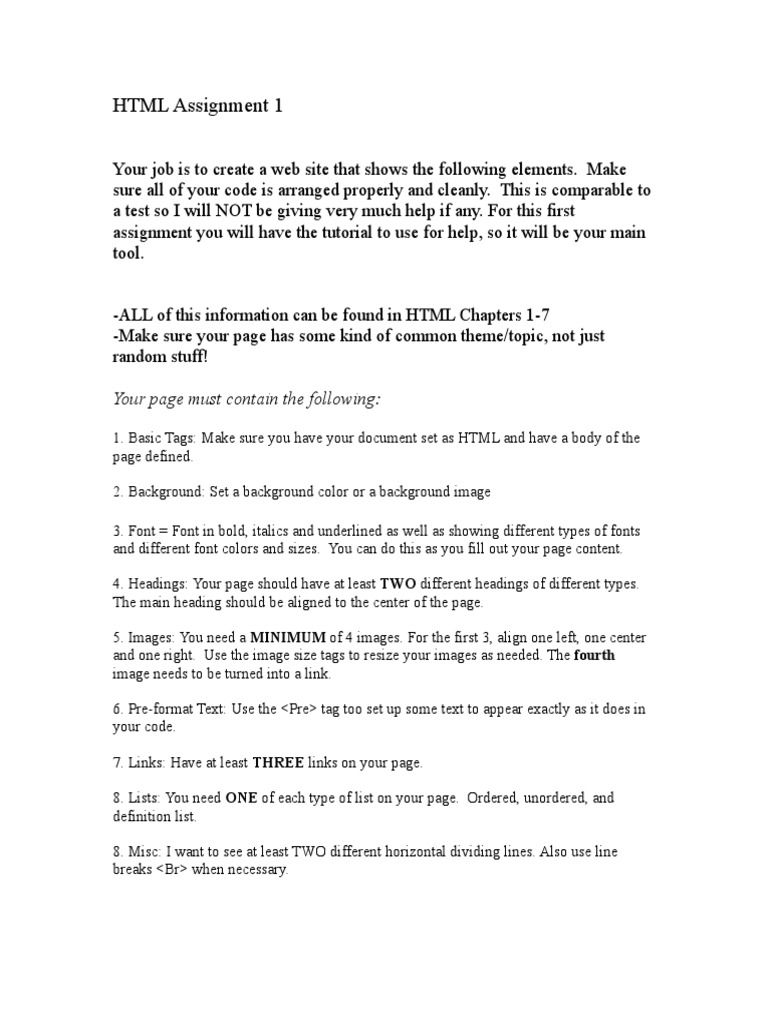 HTML Assignment 1: Your Page Must Contain The Following | PDF