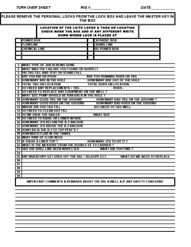 Rig Turnover Sheet Instructions | PDF