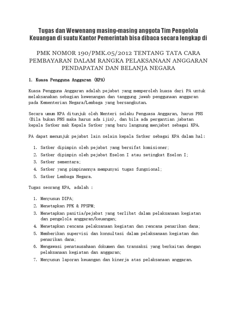 Tugas Dan Wewenang Kpa, PPK, BP, PPSPM | PDF