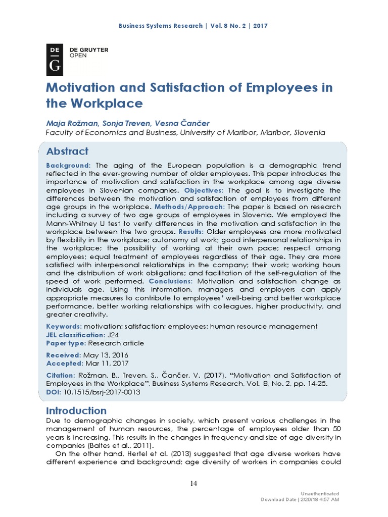 Motivation and Satisfaction of Employees in The Workplace | PDF ...