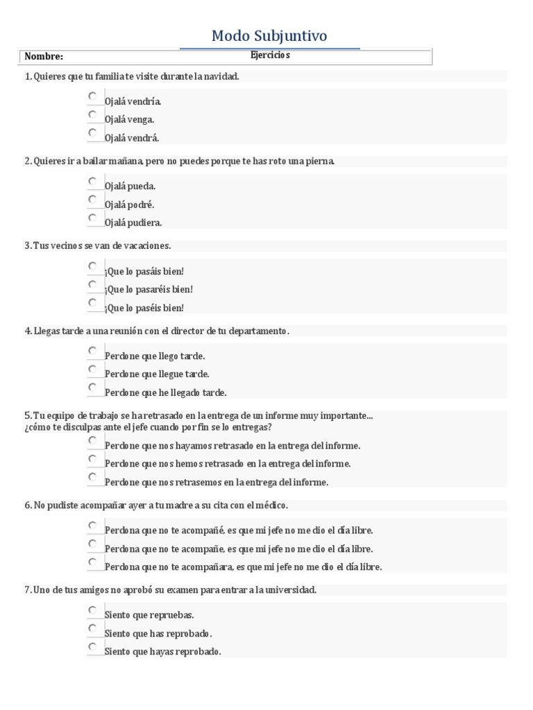 Ejercicios de Modo Subjuntivo en Español | PDF | Ocio | Deportes