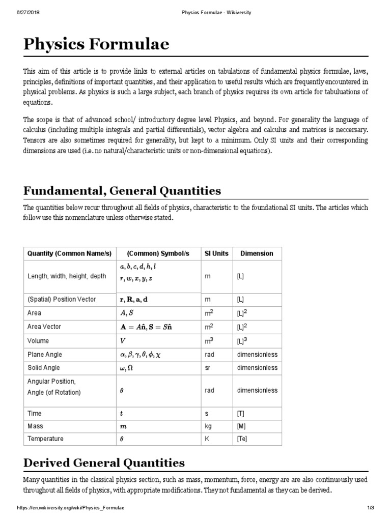 Physics Formulae - Wikiversity | PDF | Euclidean Vector | Physics