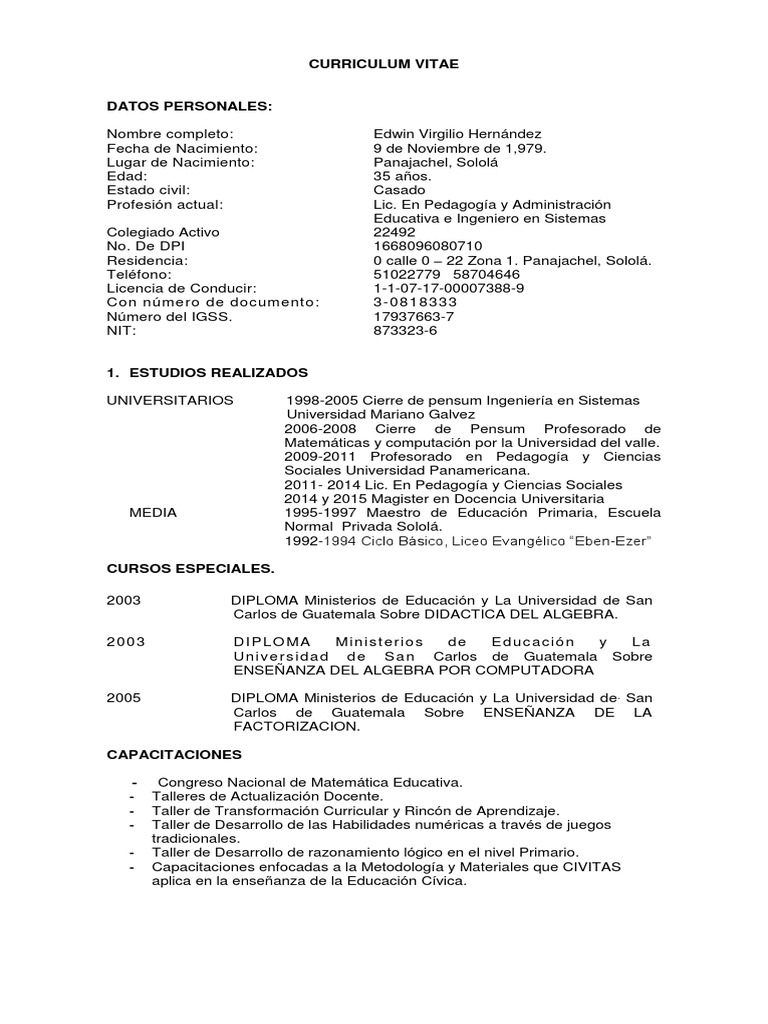 Curriculum Edwin 2016 | PDF | Educación primaria | Maestros