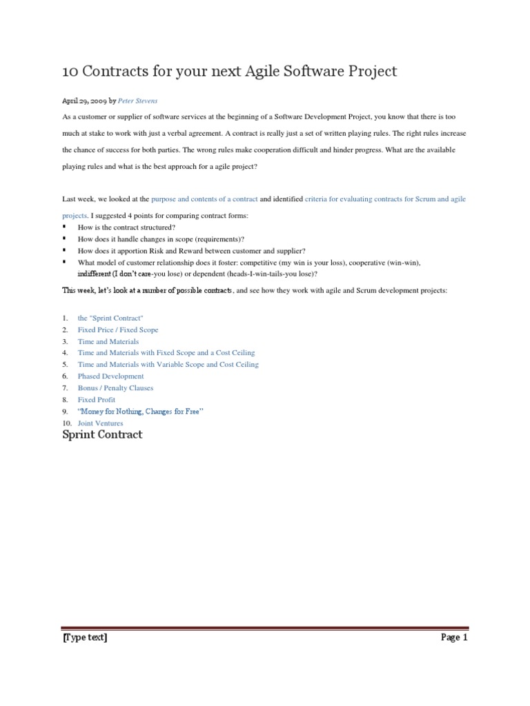 10 Contracts For Your Next Agile Software Project Pdf Scrum
