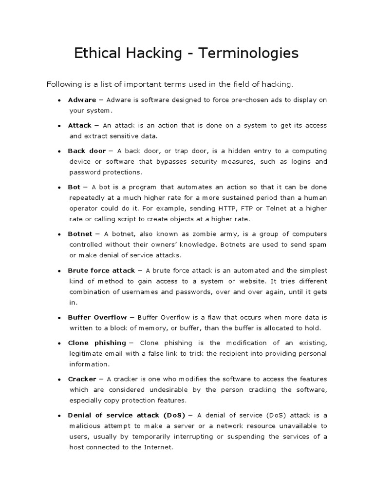 Ethical Hacking - Terminologies | PDF | Malware | Denial Of Service Attack