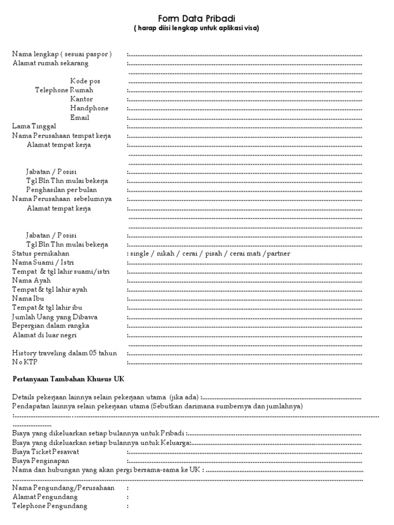 Form Data Pribadi (Visa Amerika) | PDF