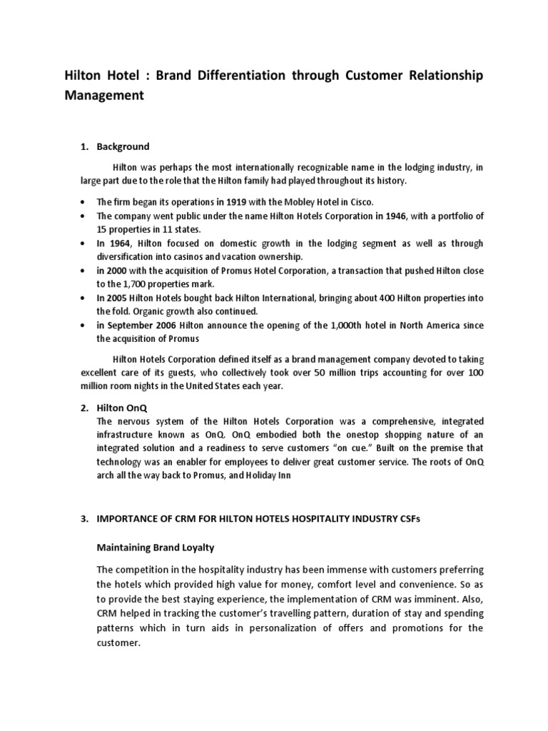 Hilton Hotel: Brand Differentiation Through Customer Relationship ...