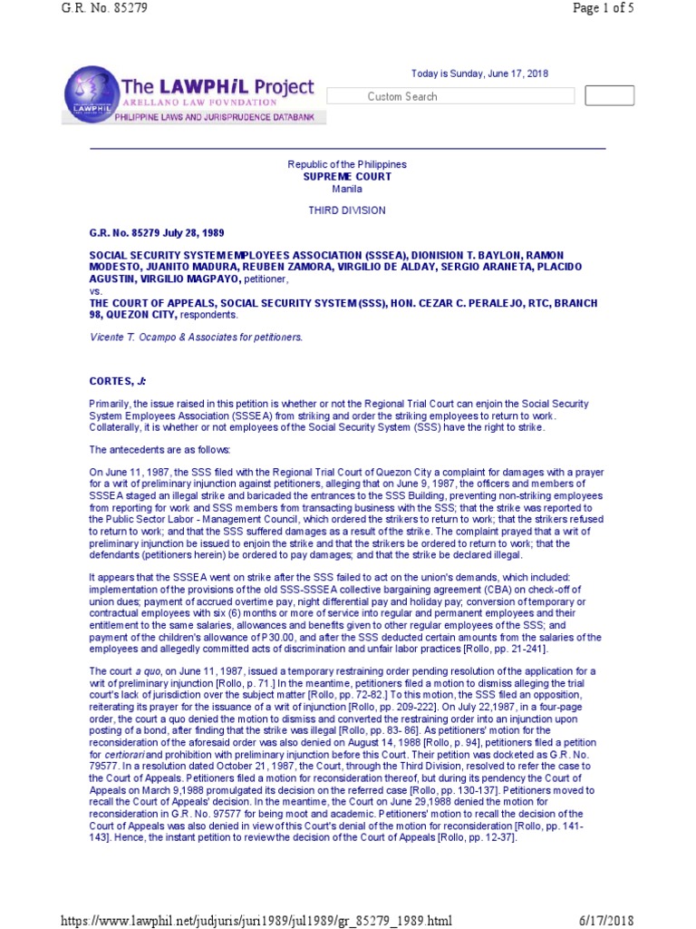 Sss V CA GR No 85279 | PDF | Strike Action | Injunction
