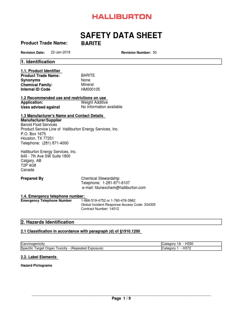 Barite Msds | Personal Protective Equipment | Dangerous Goods