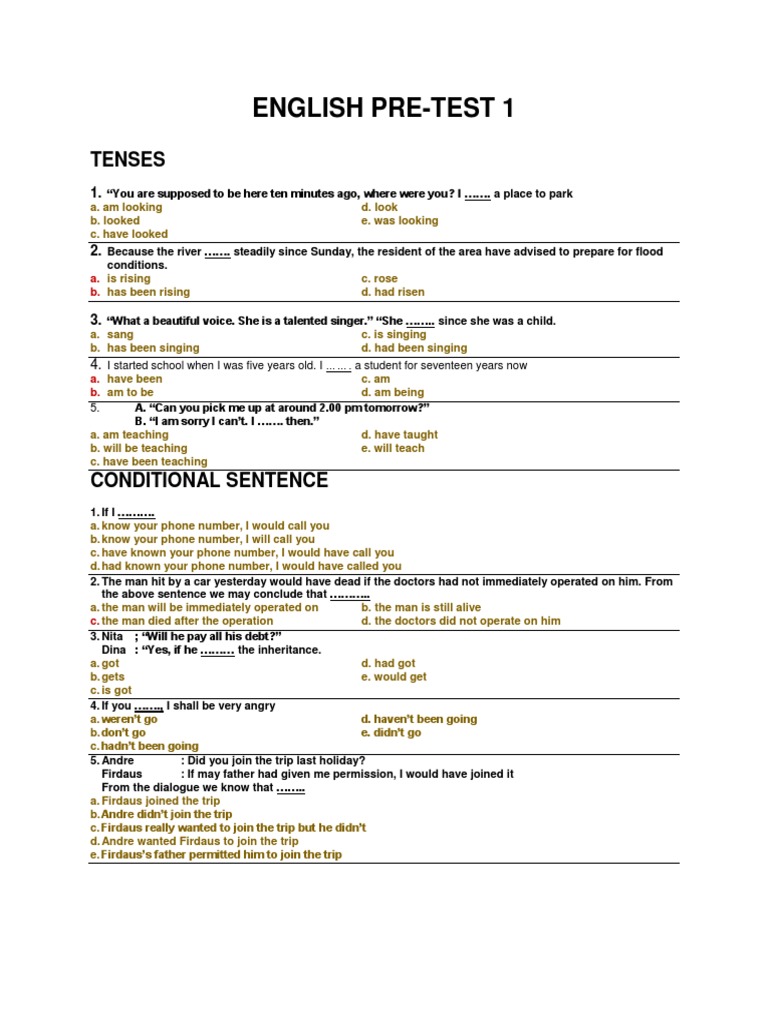 English Pre-Test 1 Tenses and Structures | PDF | Grammar | Syntax