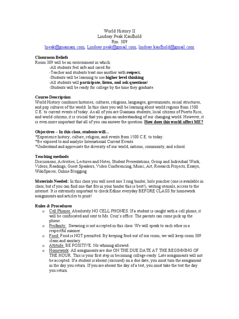 World History II Syllabus | PDF | Homework | Behavior Modification