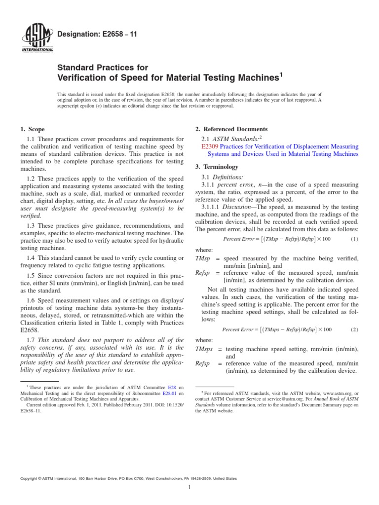 Astm E2658 - 11 - Speed | PDF | Calibration | Verification And Validation