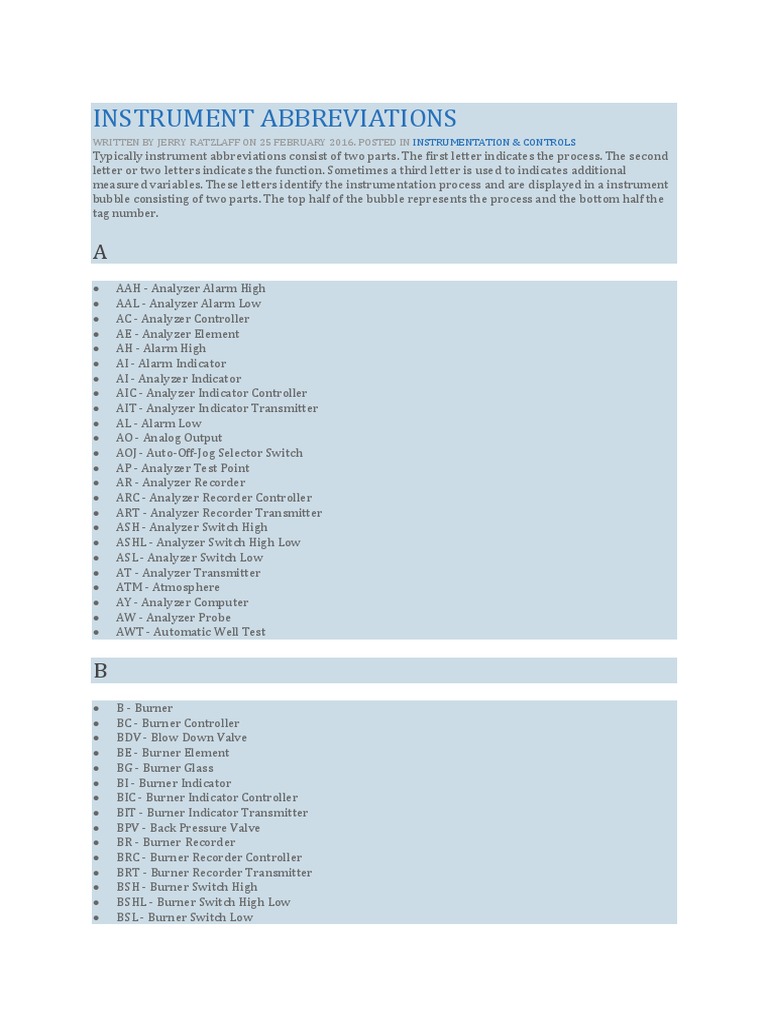 Instrument Abbreviations Guide | PDF | Instrumentation | Pressure