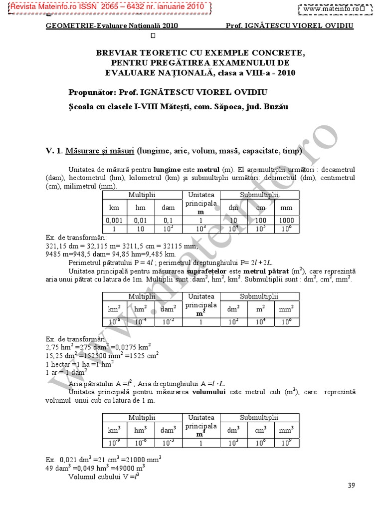 GEOMETRIE - Breviar Teoretic Cu Exemple Concrete Pentru Evaluarea Nationala PDF | PDF