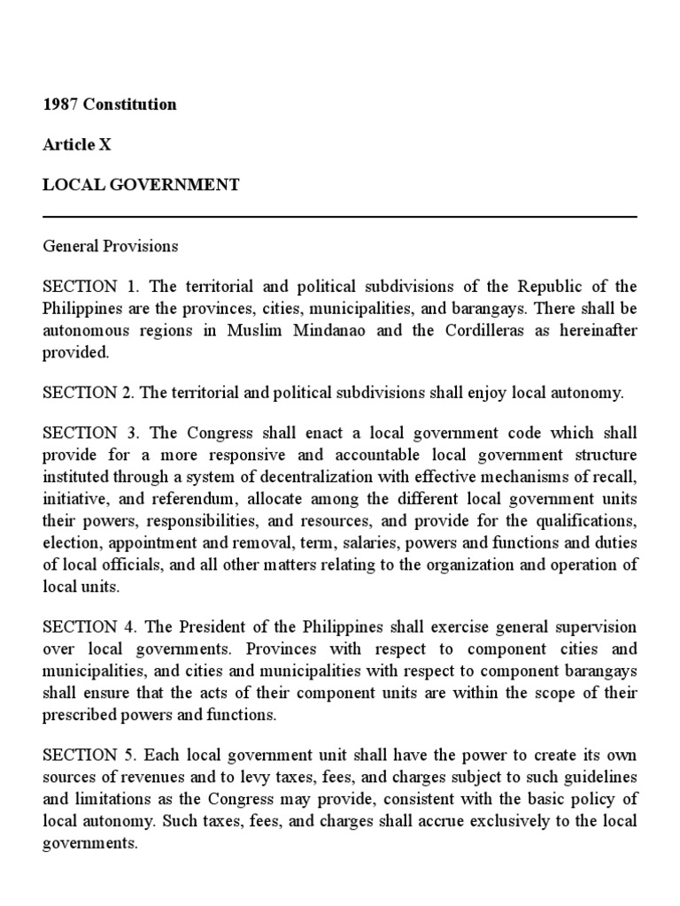 1987 Constitution Article X Local Government | PDF | Local Government ...