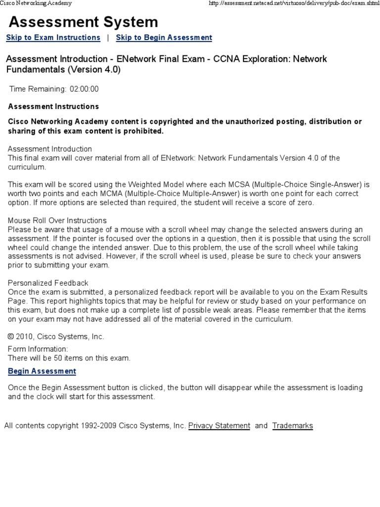 Ccna Exploration Network Fundamentals Ver4 0 Enetwork Final Exam V1 92