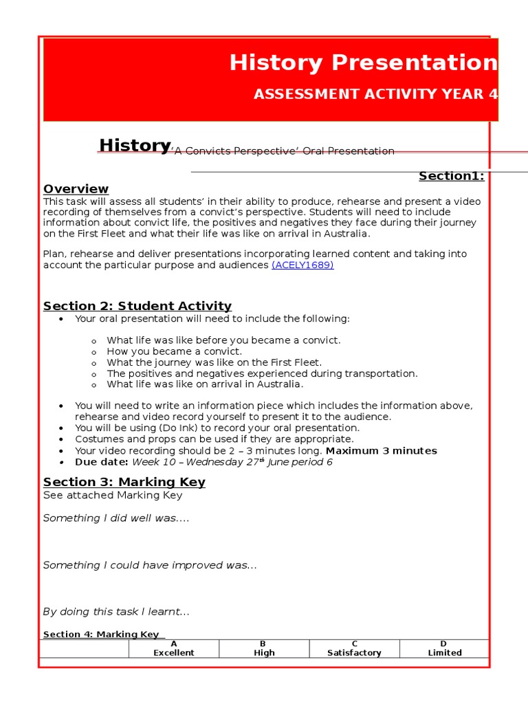 2018 Yr 4 History Oral Presentation Rubric | PDF | Gesture | Multimedia