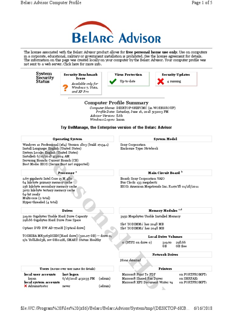 Belarc Advisor | PDF | Microsoft Windows | Windows 10