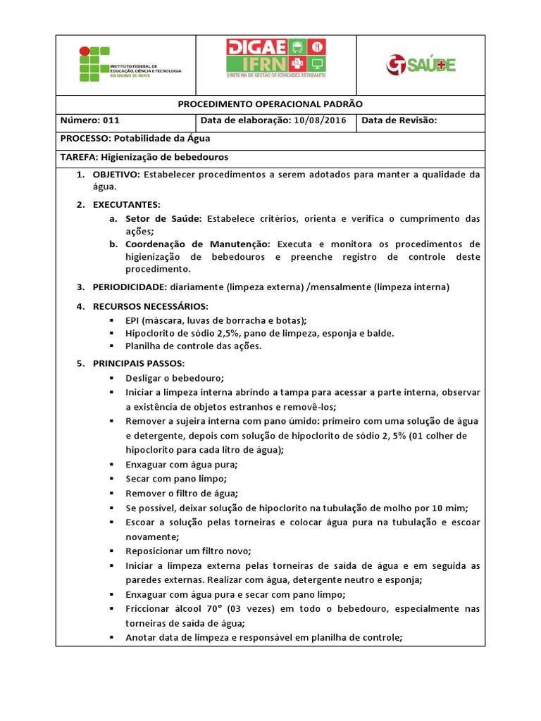 POP 011 - Higienizacao de Bebedouros | PDF | Natureza | Bem-estar