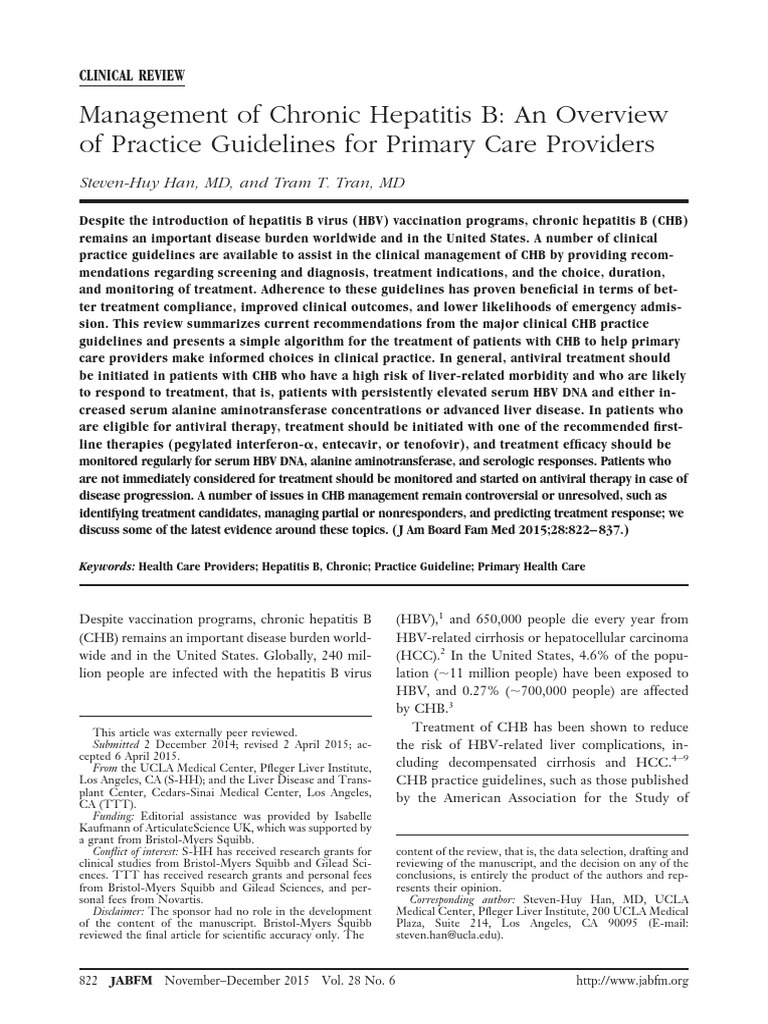 Management of Chronic Hepatitis B - An Overview of Practice Guidelines For Primary Care ...
